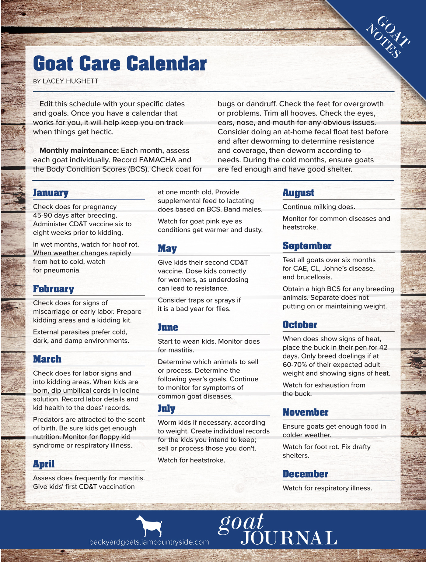 Goat Care Calendar - Goat Journal